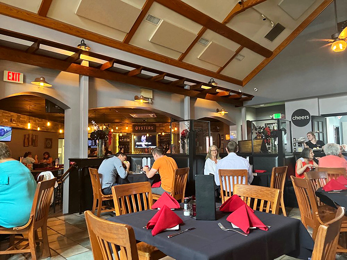 Exposed wooden beams and warm lighting create that perfect "welcome home" atmosphere where memories are made between bites.