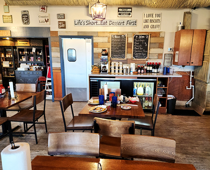 Country wisdom adorns the walls with "Life's Short...Eat Dessert First" – advice I've been following religiously for years.