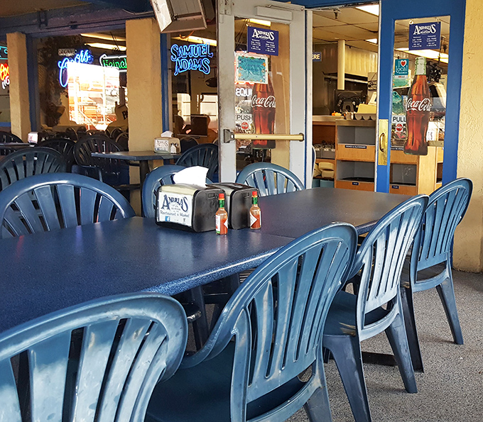 Simple blue chairs and no-nonsense tables set the stage for serious eating. This isn't about the d&eacute;cor&mdash;it's about the ocean-to-plate magic.