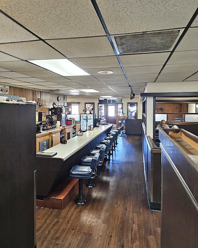 Classic diner counter seating with spinning stools—where conversations with strangers become the unexpected appetizer to a memorable meal.