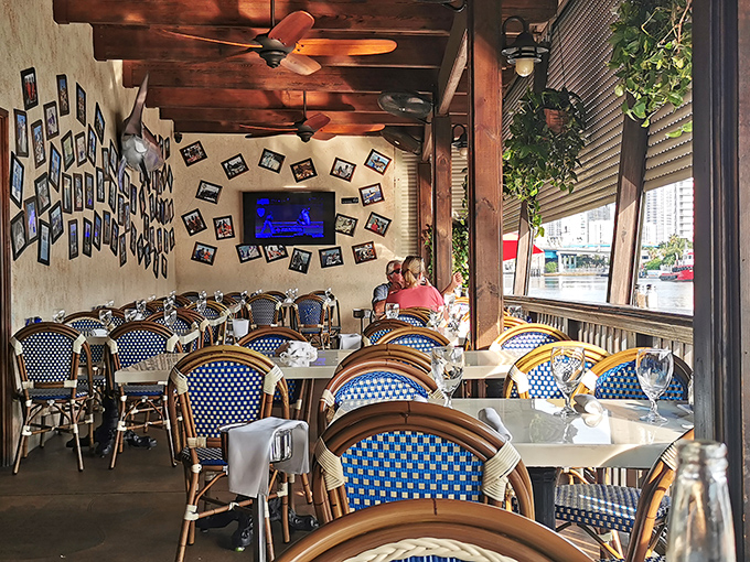 Blue-checkered chairs, wooden beams, and river views create the perfect backdrop for seafood feasting&mdash;Miami's version of Mediterranean coastal charm.