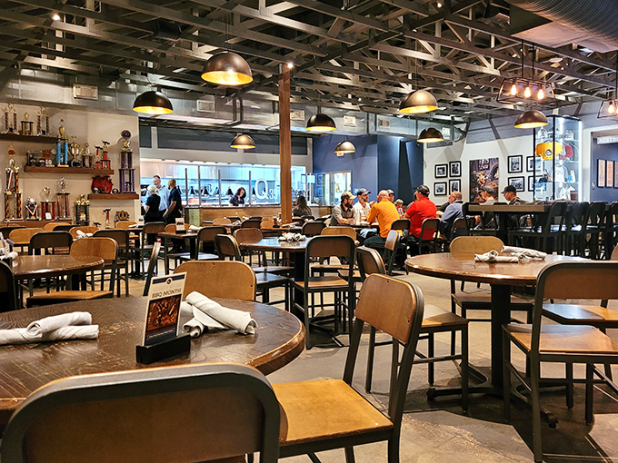 Industrial-chic meets barbecue comfort in Q39's dining room, where competition trophies remind you these folks aren't just playing around with meat.