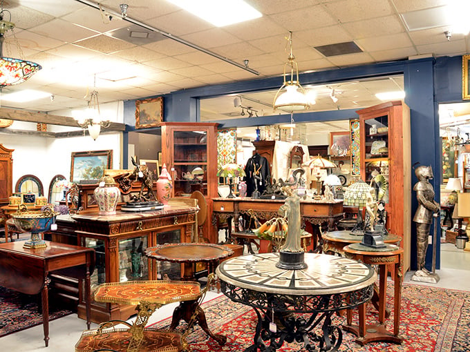 A treasure trove of history where ornate tables and decorative pieces coexist in harmonious chaos. Every corner tells a different decade's story.