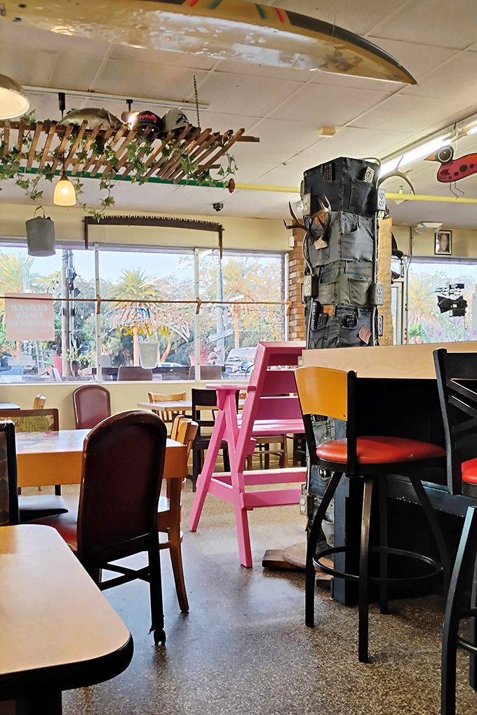 Inside Angie's, surfboards hang from the ceiling while a tower of denim stands guard. It's like a beach shack and thrift store had a delicious baby.