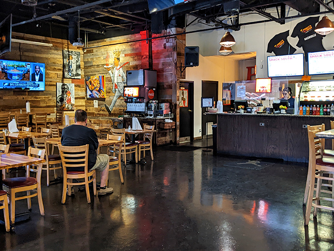 Modern rustic meets Nashville tradition inside Prince's South location, where wooden accents and open spaces create the perfect backdrop for your impending spice journey.