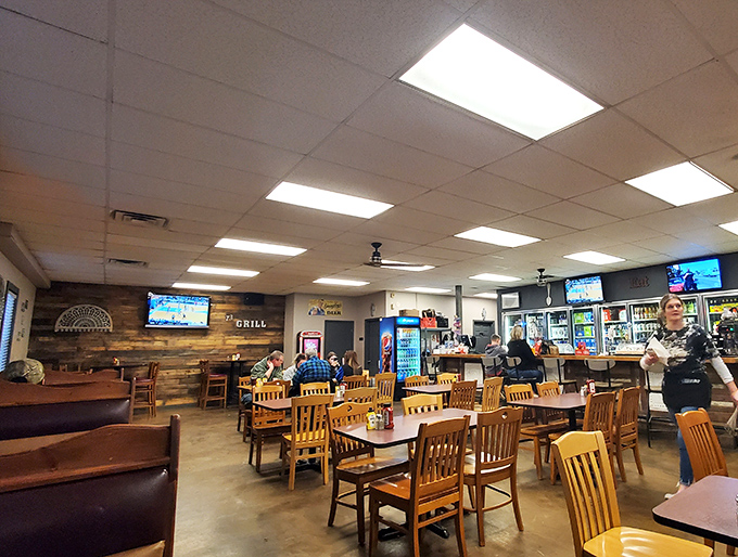 Wooden chairs, rustic paneling, and TVs tuned to the game &ndash; this isn't fancy dining, it's something better: a genuine community gathering spot.