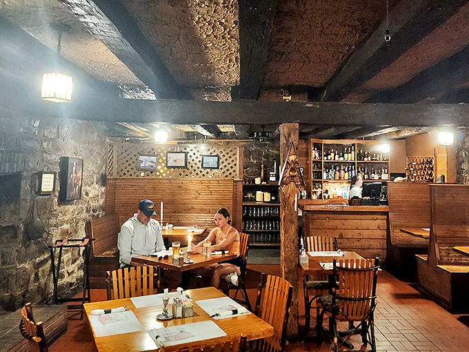 Where time travel comes with table service! The tavern's basement pub embraces you with centuries-old stone walls and wooden beams that have witnessed countless stories.