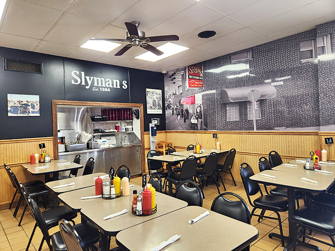 No-frills nostalgia with ceiling fans and simple tables &ndash; Slyman's knows fancy decor just distracts from sandwich perfection.