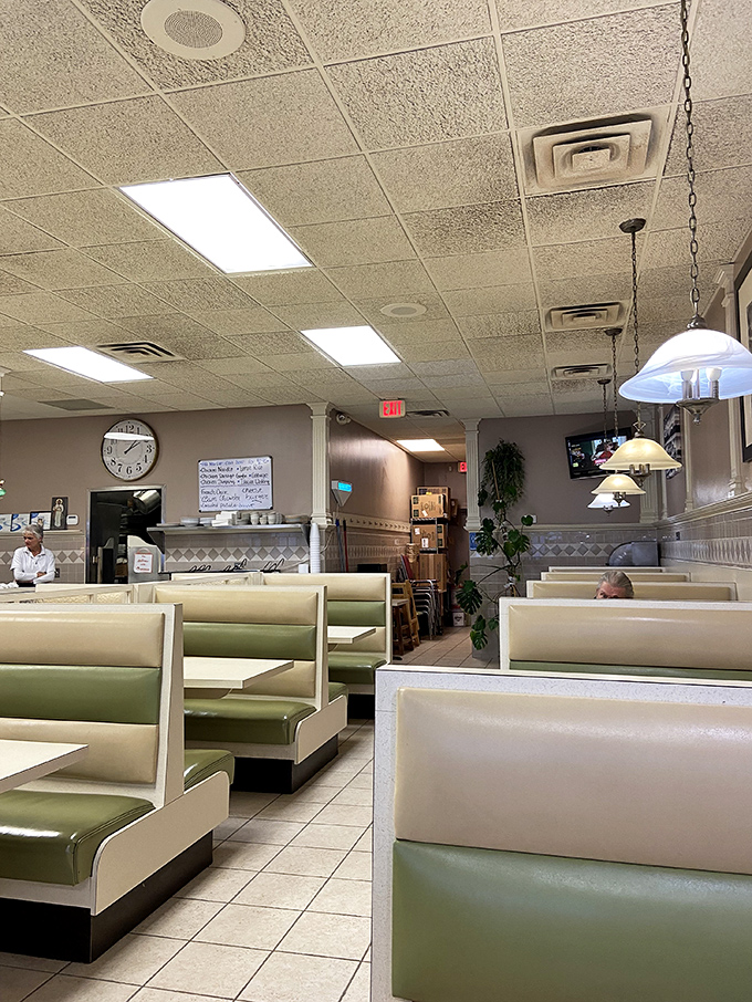 Classic diner comfort with those unmistakable vinyl booths. The kind of place where calories don't count and conversations flow freely.