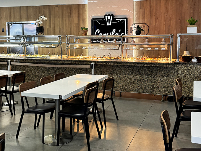 Clean lines and modern simplicity let the food be the star at Camila's, where the buffet awaits like a supporting actor to the meat's leading role.