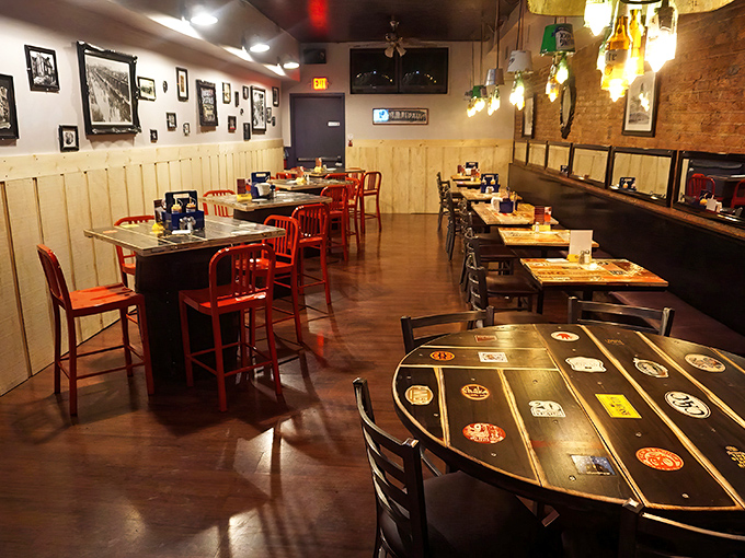 Where beer logo tables meet red metal chairs and wood paneling. It's not trendy&mdash;it's timeless, like comfort food for your eyes.