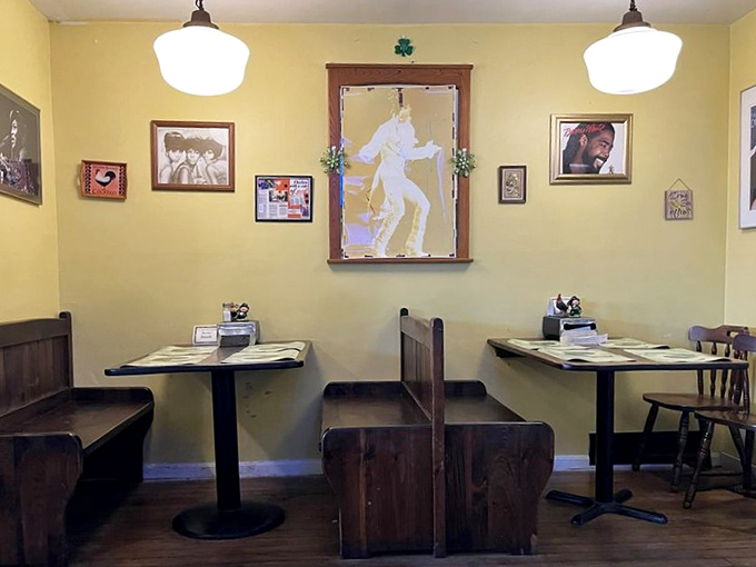 Step inside and you're greeted by sunny yellow walls, wooden booths, and music legends watching over your meal. Elvis would approve of this dining soundtrack.