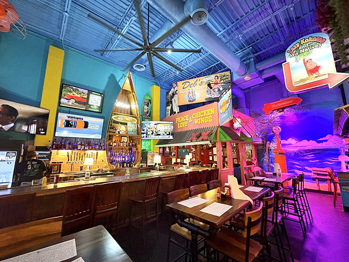 Step inside and the sensory overload begins &ndash; blue ceilings, neon lights, and enough memorabilia to fill a small museum. Dining room or fever dream? Both!