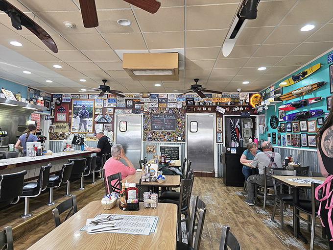 Step inside and feast your eyes before your stomach &ndash; every inch of wall space tells stories of happy diners past, while surfboards hang improbably from the ceiling.