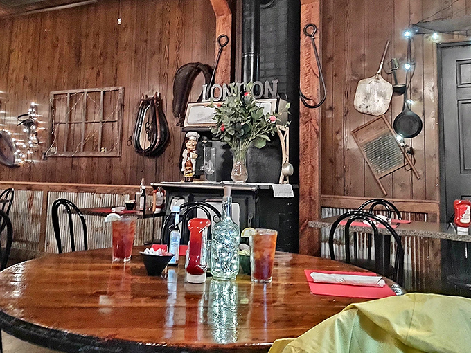 Warm wood paneling and vintage farm implements create the perfect carnivore's sanctuary&mdash;where conversations flow as smoothly as the after-dinner coffee.