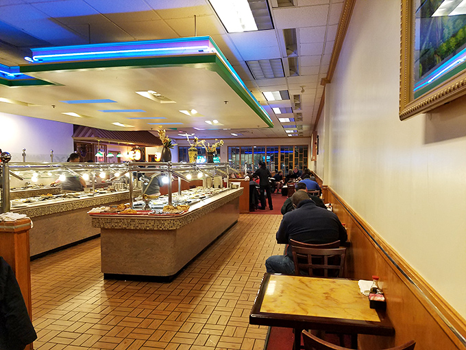 Inside, the buffet stations stretch before you like a culinary yellow brick road, promising delicious adventures at every turn.