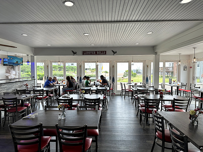 Inside, the bright, airy dining room offers views almost as delicious as the menu. That "Lobster Rolls" sign isn't subtle, but subtlety never filled an empty stomach.