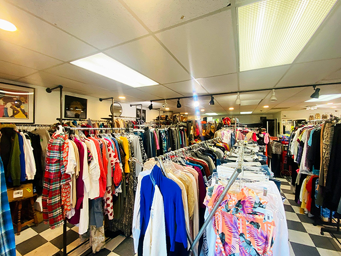Racks upon racks of possibility. The classic black and white checkered floor guides you through this labyrinth of potential finds.