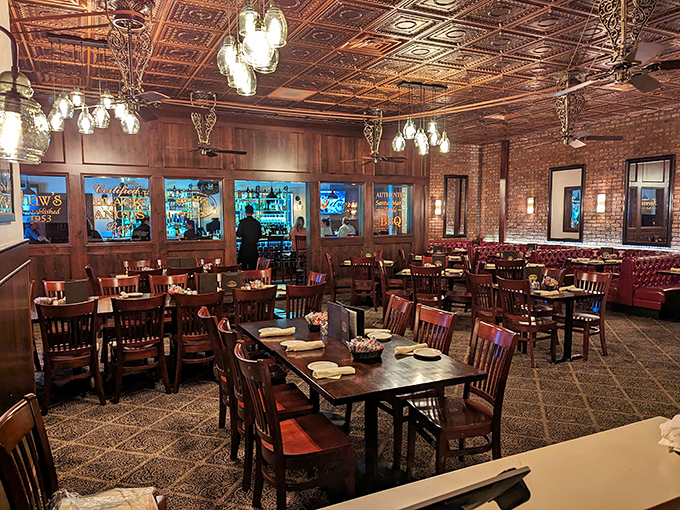 Step inside and time stands still &ndash; ornate tin ceilings, exposed brick walls, and warm lighting create the perfect stage for culinary drama.