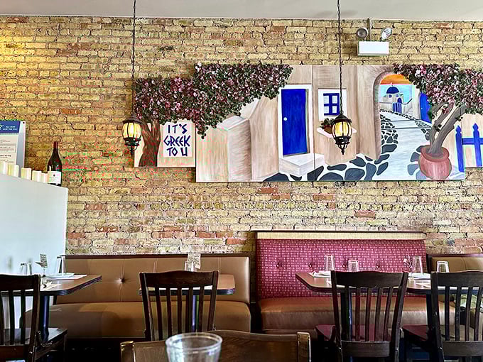 The exposed brick walls and Santorini-inspired mural transport you straight to Greece faster than any airline ever could.