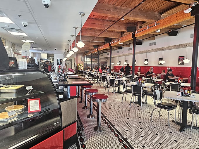 Step inside and you're transported to a simpler time &ndash; red vinyl, chrome accents, and wooden ceiling beams create the perfect backdrop for culinary memories in the making.