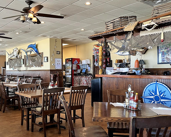 Fishing nets and mounted catches aren't just decor &ndash; they're promises of what awaits. The nautical theme says, "Yes, we know our seafood."