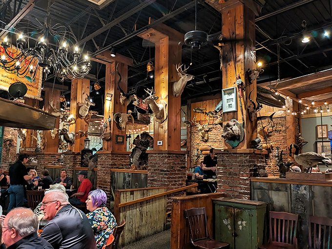 Taxidermy watches your every bite in this timber-framed wonderland. It's like dining in a hunting lodge where the animals have permanent reservations.