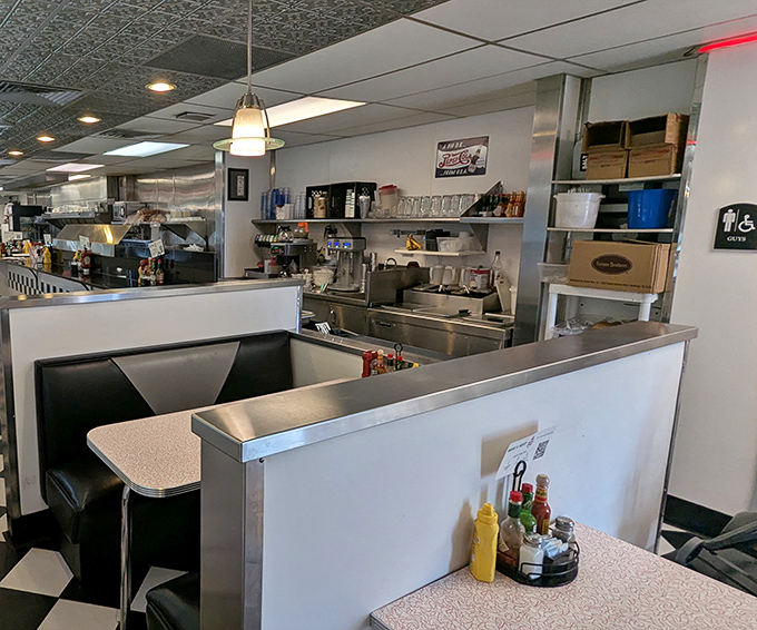 Inside, the quintessential diner experience awaits with cozy booths, counter seating, and that unmistakable short-order kitchen energy.