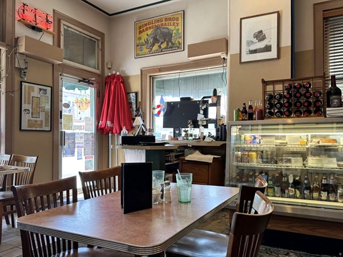 Circus history meets comfort dining in this cozy interior. The Ringling Bros poster watches over diners like a friendly reminder of Baraboo's colorful past.