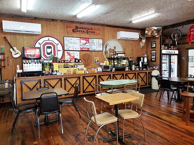 Wood-paneled walls, vintage tables, and Ohio State pride create the perfect backdrop for ice cream adventures. Norman Rockwell would've added this to his portfolio.