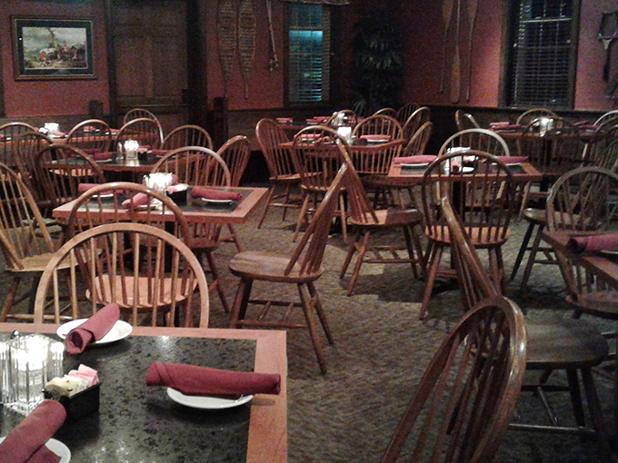 Windsor chairs and warm wood tones transport you to colonial times, minus the uncomfortable parts like dysentery and powdered wigs. Just pure dining comfort.