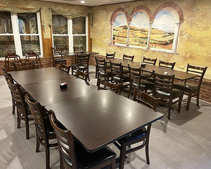 Inside, Italian countryside murals transform a simple dining room into a Mediterranean escape. Comfort doesn't need pretense.