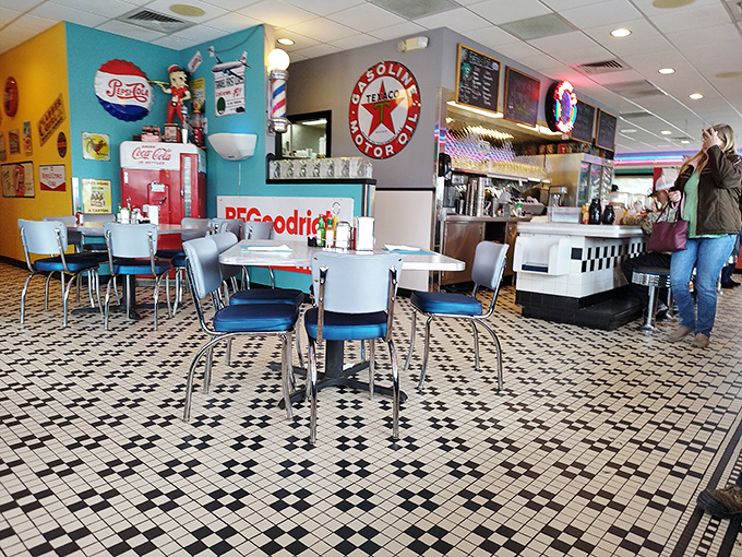 Step inside and the checkerboard floor announces you've entered diner nirvana. Texaco signs and turquoise walls create the perfect backdrop for breakfast magic.