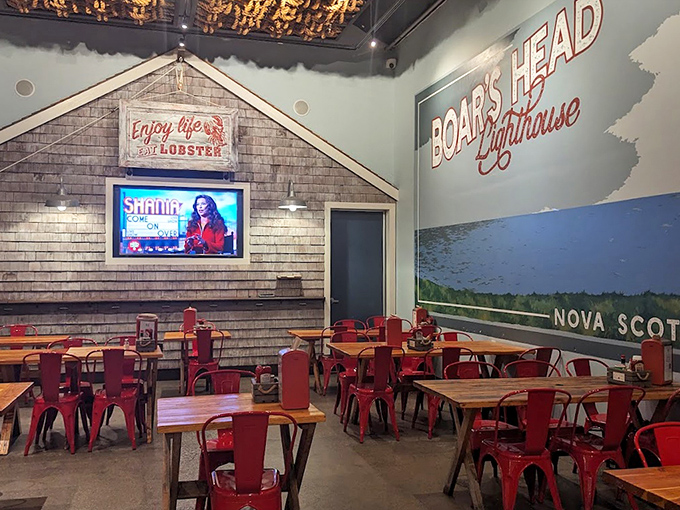 Inside, coastal New England comes alive with shingle-style walls and a Nova Scotia mural that whispers, "The lobster roll is that way."