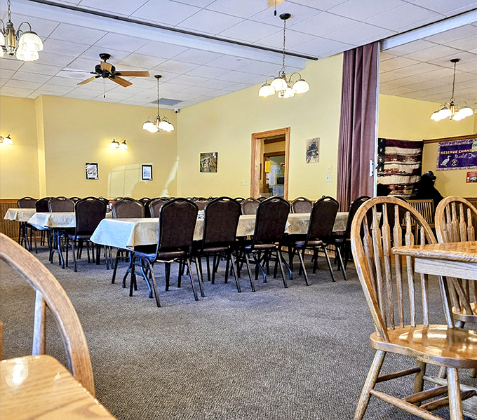 Inside, yellow walls and wooden chairs create that "grandma's dining room" vibe where calories don't count and conversations flow as freely as the coffee.