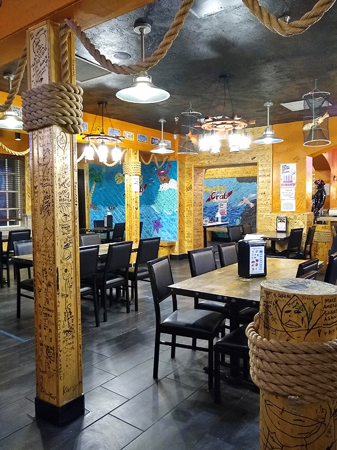 Nautical ropes, wooden beams covered in guest signatures, and ocean-blue murals&mdash;this isn't decoration, it's a full maritime immersion program.