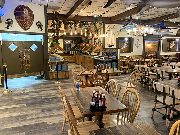 Nautical meets comfortable in this dining room where sea turtles watch over your meal from the walls. No swimming required for this ocean adventure.