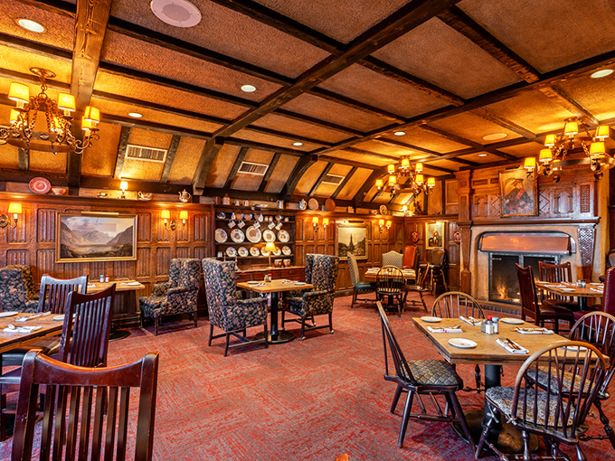 Step inside and time-travel to old-world Scotland. Dark wood, decorative plates, and a crackling fireplace create the perfect backdrop for meat-centric feasting.