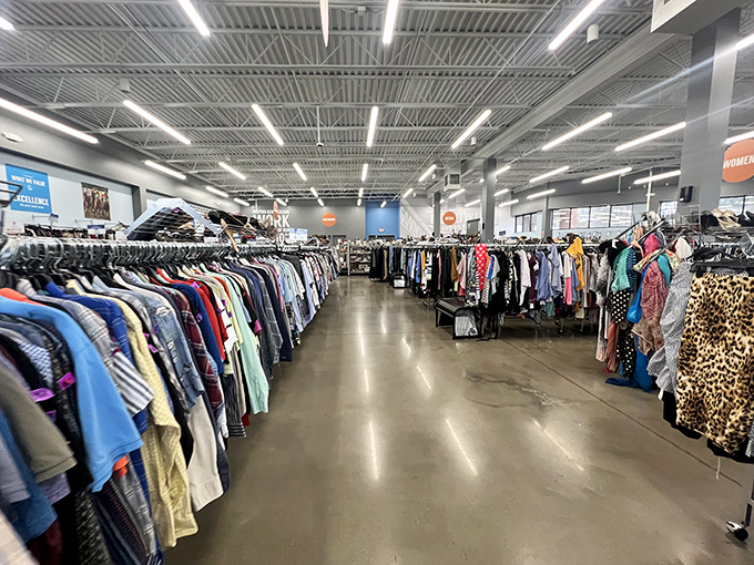 Endless racks stretch like a fashion runway where every decade gets its moment to shine again.