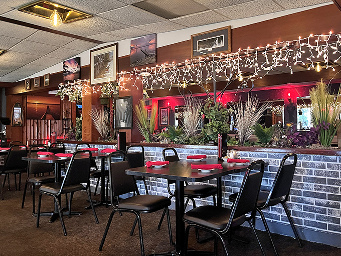 Inside, it's like your favorite uncle's basement rec room got a promotion and learned how to cook.