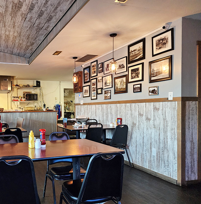 Modern meets classic diner charm &ndash; those pendant lights illuminate conversations as warm as the coffee.