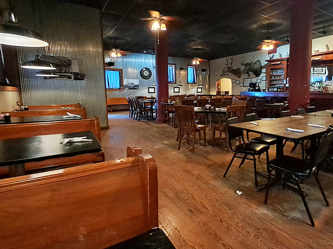 The kind of interior that makes you want to settle in like it's your favorite uncle's basement rec room.