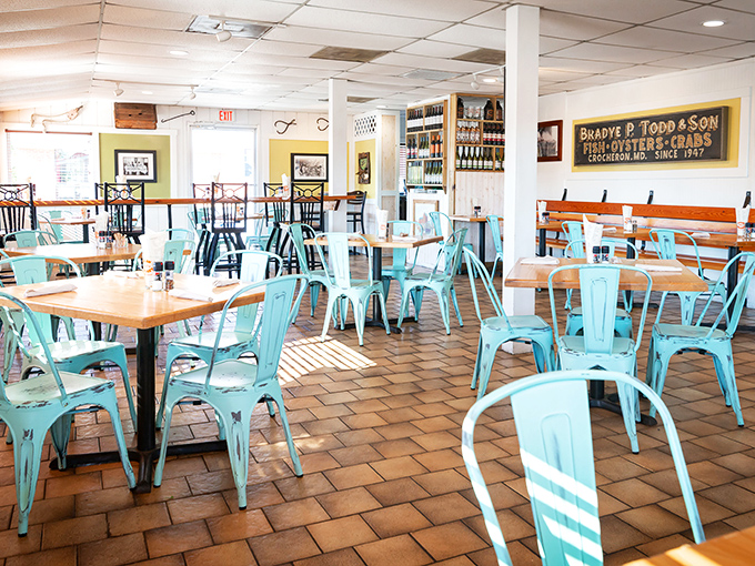Turquoise chairs and terracotta floors create the perfect backdrop for your soon-to-be favorite meal memory.