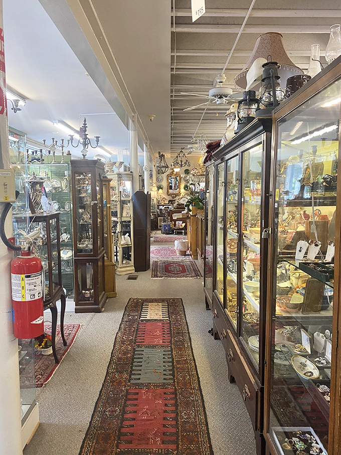 These glass-lined corridors stretch forever, each case holding someone's former prized possessions now seeking new adventures.