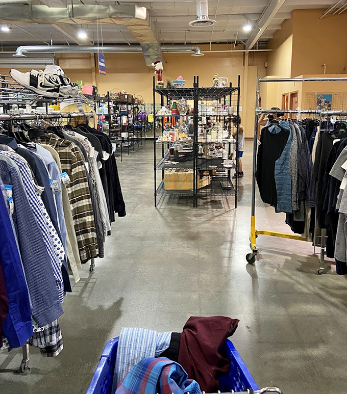 The men's department offers everything from casual tees to business attire—fashion archaeology at its finest.