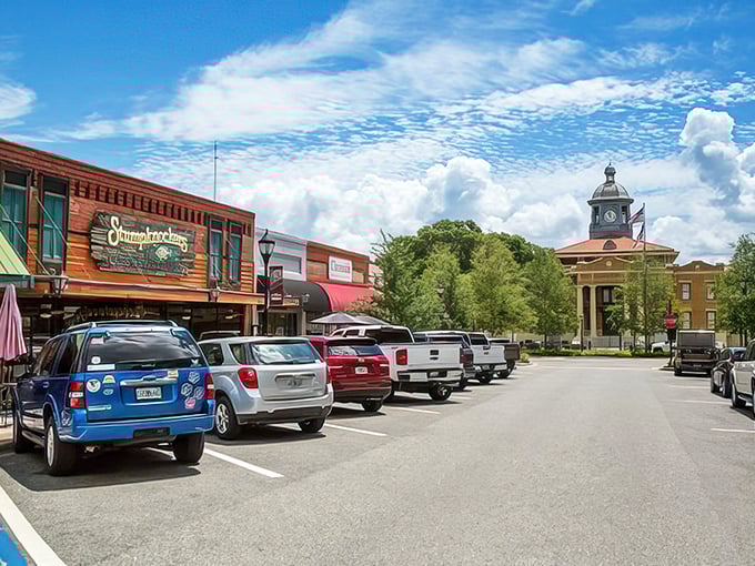 Downtown Inverness feels like a movie set for "Charming Small Town, USA," where Stumpknockers restaurant serves up local flavor alongside genuine community spirit.