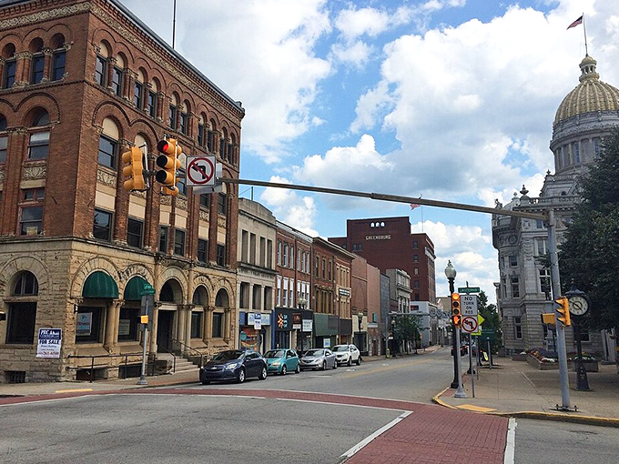 Historic architecture meets small-town charm where Greensburg's main thoroughfare showcases a perfect blend of past and present under Pennsylvania's big sky.