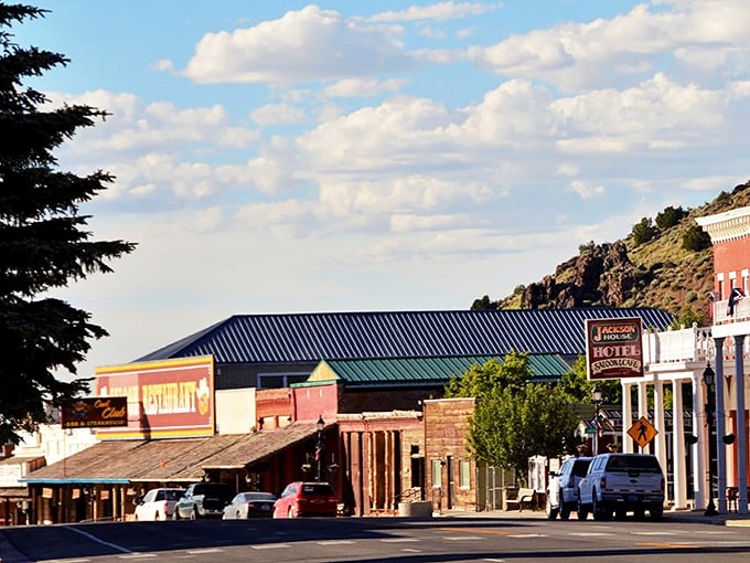 Sunlight bathes Eureka's preserved downtown, where modern vehicles park alongside architecture that whispers tales of silver strikes.