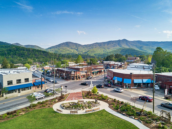 Black Mountain's downtown unfolds beneath the watchful gaze of the Blue Ridge Mountains. From this aerial view, you can almost smell the coffee brewing below.