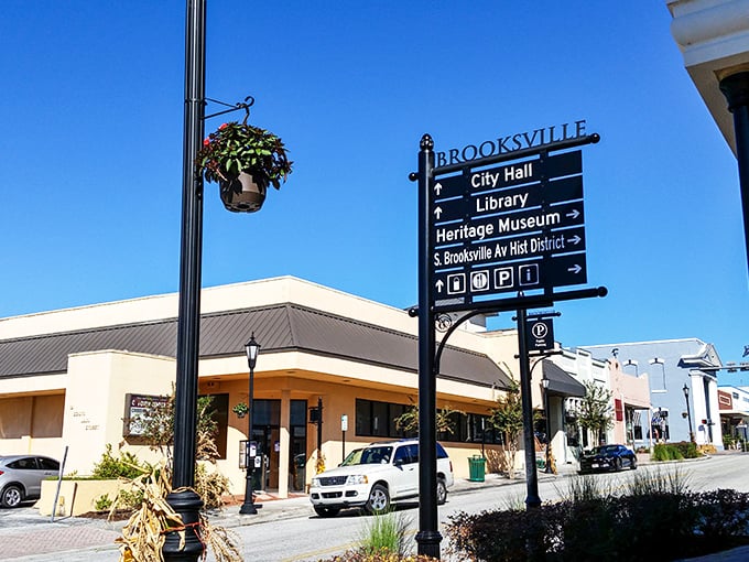 Navigational signs point the way to Brooksville's treasures, proving that sometimes the best adventures begin with a simple directional marker.